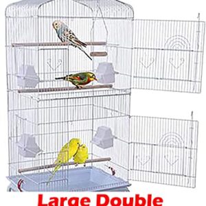 63-Inch Large Flight Bird Cage with Toys and 10-Step Play Ladder for Cockatiel Parakeet Finch Budgie Lovebird Canary Finch Pet Bird Cage with Rolling Stand (White with Toy)