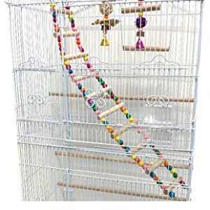 63-Inch Large Flight Bird Cage with Toys and 10-Step Play Ladder for Cockatiel Parakeet Finch Budgie Lovebird Canary Finch Pet Bird Cage with Rolling Stand (White with Toy)