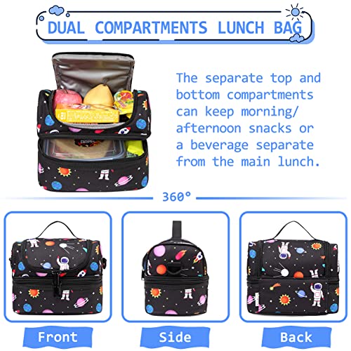 Lunch Bag for Boys, ChaseChic Kids Lunch Bag Insulated Lunch Box Lightweight Lunch Organizer Leak-Proof Cooler Bag with Dual Compartment and Detachable Adjustable Shoulder Strap, Black Astronaut