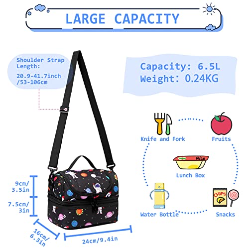 Lunch Bag for Boys, ChaseChic Kids Lunch Bag Insulated Lunch Box Lightweight Lunch Organizer Leak-Proof Cooler Bag with Dual Compartment and Detachable Adjustable Shoulder Strap, Black Astronaut