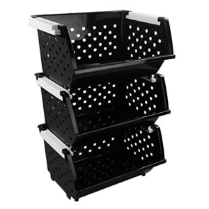 qskely 3-pack plastic stackable organizer basket, stacking storage basket, black