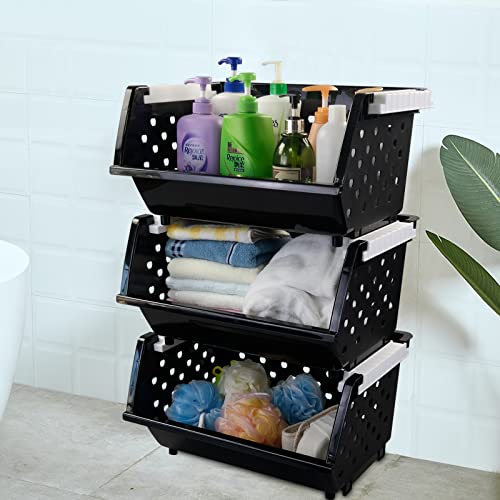 Qskely 3-Pack Plastic Stackable Organizer Basket, Stacking Storage Basket, Black