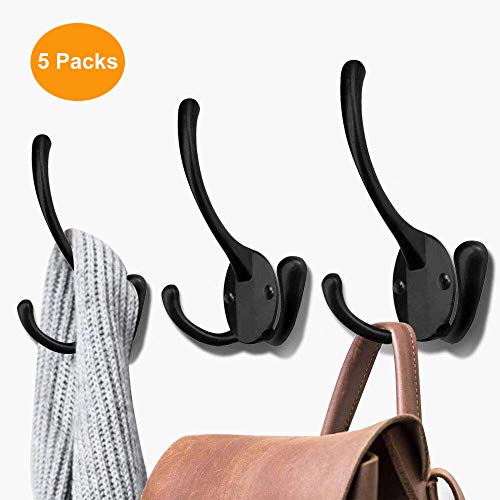 Wall Mounted Coat Hooks 5 Pack Heavy Duty Black Hardware Robe Hooks Decorative for Single Hanging Coats Towel Cubicle Classroom Kitchen Bath Backpack Hat Hook