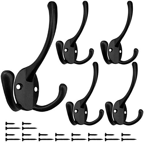 Wall Mounted Coat Hooks 5 Pack Heavy Duty Black Hardware Robe Hooks Decorative for Single Hanging Coats Towel Cubicle Classroom Kitchen Bath Backpack Hat Hook