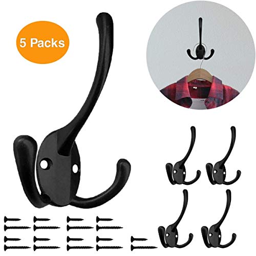 Wall Mounted Coat Hooks 5 Pack Heavy Duty Black Hardware Robe Hooks Decorative for Single Hanging Coats Towel Cubicle Classroom Kitchen Bath Backpack Hat Hook