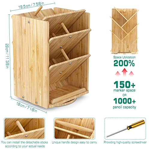 DF DARFOO Bamboo Desk Organizer Storage Accessories - Ultra-large 13 compartments, 1000+ Pencil Holder Capacity, Easy DIY Assembly, Rotating Desktop Organizer, Cosmetics, and Office Supplies