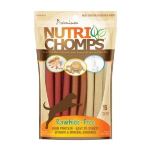 nutrichomps dog chews, 5-inch twists, easy to digest, rawhide-free dog treats, 15 count, real chicken, peanut butter and milk flavors