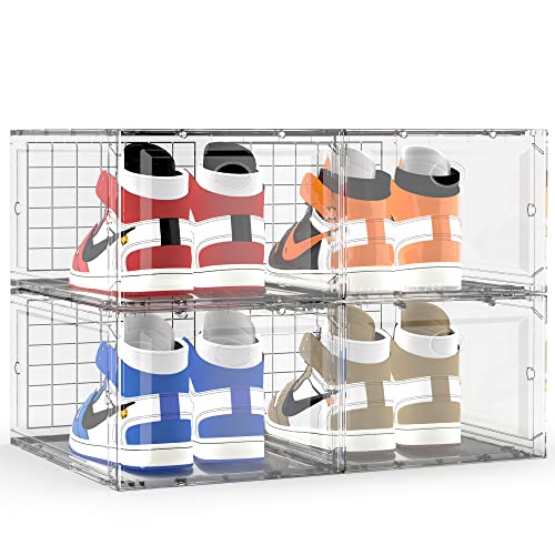 WAYTRIM 4 Pack Shoe Organizer,Stackable Plastic Shoe Box with Clear Door Shoe Storage Boxes for Sneaker AJ Clear Shoe Boxes with Lids Shoe Storage Container Fit to Women Size 13,Clear White