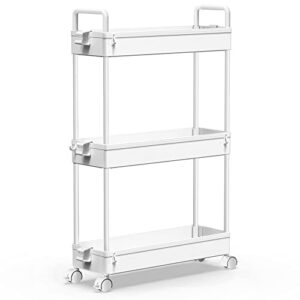 solejazz slim storage cart, 3 tier bathroom cart organizer mobile shelving unit rolling utility cart, slide out organizer for kitchen, bathroom, laundry, narrow places, white