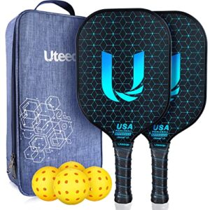 uteeqe pickleball paddles set of 2 - graphite surface with high grit & spin, usapa approved pickleball set pickle ball raquette lightweight polymer honeycomb non-slip grip w/ 4 outdoor balls & bag