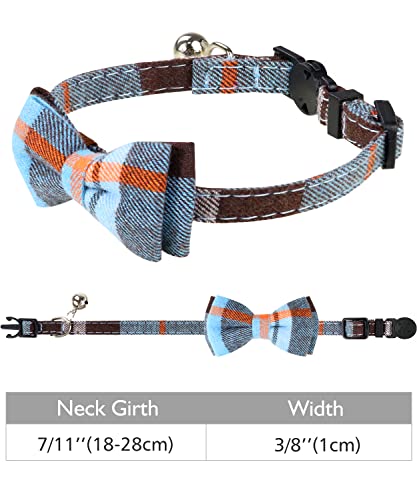 Joytale Updated Breakaway Cat Collar with Bow Tie and Bell, Cute Plaid Patterns, 1 Pack Girl Boy Kitty Safety Kitten Collars, Haze Blue