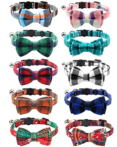 Joytale Updated Breakaway Cat Collar with Bow Tie and Bell, Cute Plaid Patterns, 1 Pack Girl Boy Kitty Safety Kitten Collars, Haze Blue