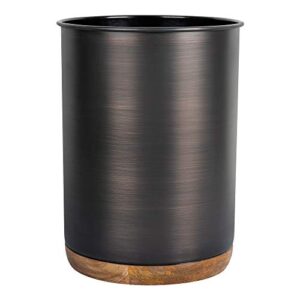 nu steel salem metal and natural wood wastebasket, small round plastic vintage trash can for bathroom, bedroom, dorm, college, office, 8" x 8" x 11", oil rubbed bronze