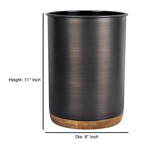 nu steel Salem Metal and Natural Wood Wastebasket, Small Round Plastic Vintage Trash Can for Bathroom, Bedroom, Dorm, College, Office, 8" x 8" x 11", Oil Rubbed Bronze