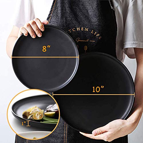 BonNoces Matte Black Porcelain Dinner Plate, 10-Inch Large Elegant Round Serving Plate Set Perfect for Steak, Pasta, Dessert and Salad, Set of 4