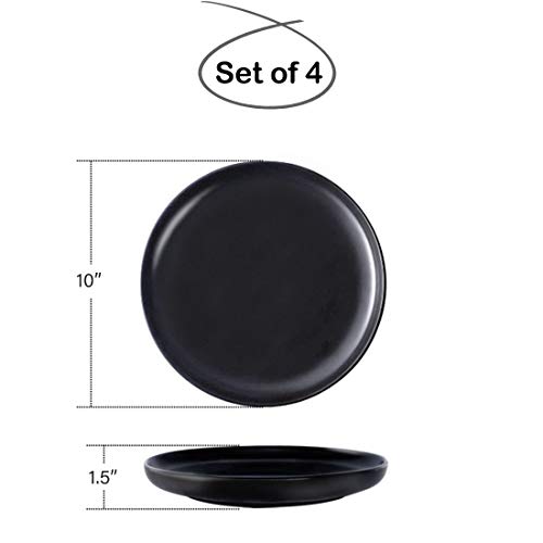 BonNoces Matte Black Porcelain Dinner Plate, 10-Inch Large Elegant Round Serving Plate Set Perfect for Steak, Pasta, Dessert and Salad, Set of 4