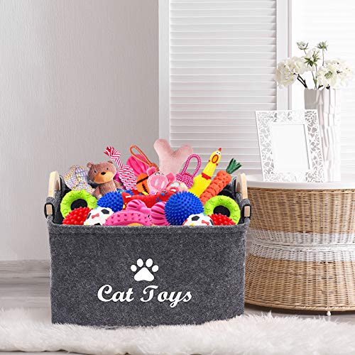 Geyecete CAT Toys Storage Bins - with Wooden Handle,Collapsible Pet Supplies Storage Basket Pet supplies storage Basket/Bin Kids Toy Chest Storage Trunk-CAT (Grey)