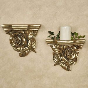 rose floral blooming decorative wall shelves set 11.5" wx5 dx10 h. gold set of 2