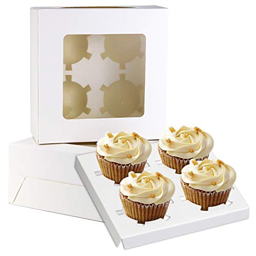 Pralb 20Pack White Cupcake Boxes with Inserts 6 Holders,White Standard Bakery Boxes with Pvc Window,Cupcake Containers Bakery Cake Box,Auto-Popup Cupcake Containers Carriers Bakery Cake Box(9x6x3inch)