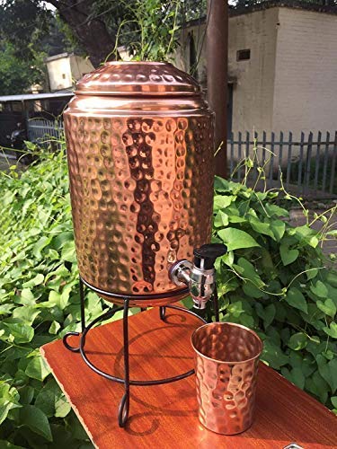 Pure Copper Hammered Water Dispenser Storage Water Tank with Tap and Set of 4 Copper Glass | Water Pot | Copper Water Storage Tank | 6.5 LTR Capacity | 218 Oz