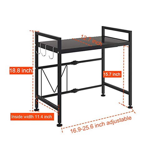 Old DIrd Microwave Oven Rack, Expandable Carbon Steel Microwave Shelf,2-Tier Adjustable Kitchen Counter Shelf and Organizer with 3 Hooks,110lbs Weight Capacity,Black H Type