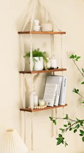 timeyard macrame shelf hanging shelves, wood wall shelf with woven rope, rustic floating shelves storage organizer, 3 tier shelf boho decor for living room, bathroom, bedroom