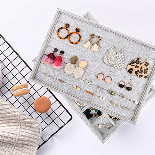 Mebbay Velvet Jewelry Trays Organizer with Clear Lid, Stackable Jewelry Storage for Drawer, Earring Necklace Bracelet Ring Organizer, Set of 3, 13.8" x 9.5" x 1.38"