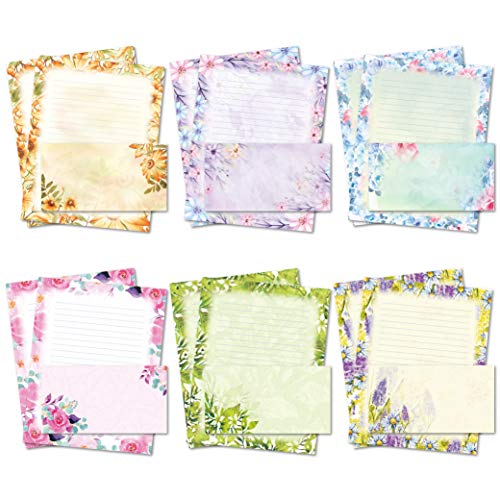 Stationary Writing Paper with Envelopes - Flora Stationery Set with Lined Letter Writing Paper, 48 Sheets + 24 Envelopes, 8.5 x 11 Inch of Each Stationary Paper