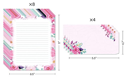 Stationary Writing Paper with Envelopes - Flora Stationery Set with Lined Letter Writing Paper, 48 Sheets + 24 Envelopes, 8.5 x 11 Inch of Each Stationary Paper