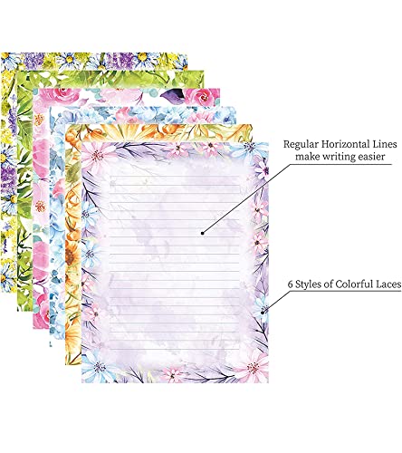 Stationary Writing Paper with Envelopes - Flora Stationery Set with Lined Letter Writing Paper, 48 Sheets + 24 Envelopes, 8.5 x 11 Inch of Each Stationary Paper