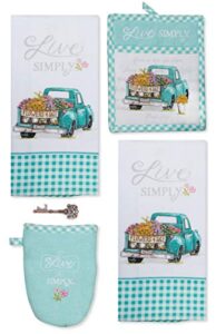 kay dee designs flower truck teal blue live simply kitchen terry towels, potholder, oven mitt and rustic bottle opener set of 5