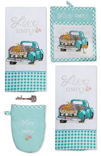 Kay Dee Designs Flower Truck Teal Blue Live Simply Kitchen Terry Towels, Potholder, Oven Mitt and Rustic Bottle Opener Set of 5