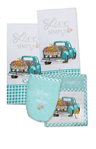 Kay Dee Designs Flower Truck Teal Blue Live Simply Kitchen Terry Towels, Potholder, Oven Mitt and Rustic Bottle Opener Set of 5