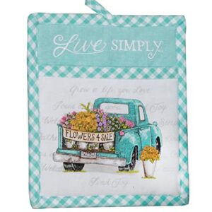 Kay Dee Designs Flower Truck Teal Blue Live Simply Kitchen Terry Towels, Potholder, Oven Mitt and Rustic Bottle Opener Set of 5