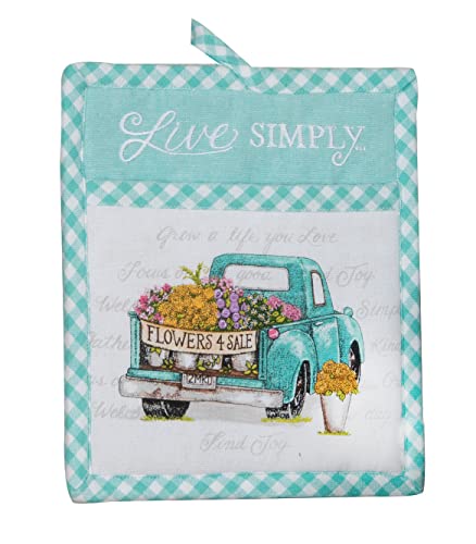 Kay Dee Designs Flower Truck Teal Blue Live Simply Kitchen Terry Towels, Potholder, Oven Mitt and Rustic Bottle Opener Set of 5