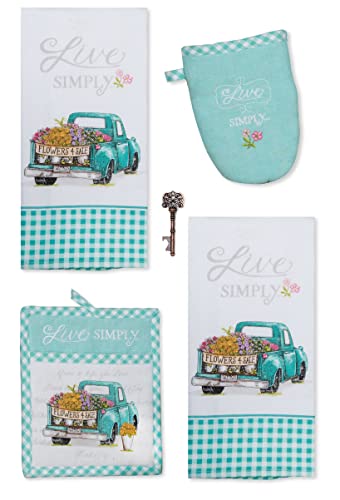 Kay Dee Designs Flower Truck Teal Blue Live Simply Kitchen Terry Towels, Potholder, Oven Mitt and Rustic Bottle Opener Set of 5