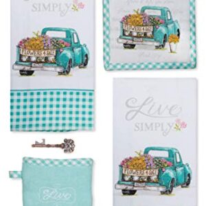 Kay Dee Designs Flower Truck Teal Blue Live Simply Kitchen Terry Towels, Potholder, Oven Mitt and Rustic Bottle Opener Set of 5