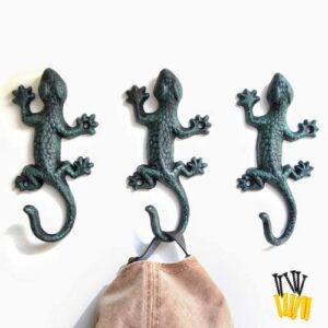 xiyuan 3pcs coat hooks hanging wall mounted rustic decorative gecko hook, cast iron 6 inch key holder wall decor for foyer hallway garage garden & office