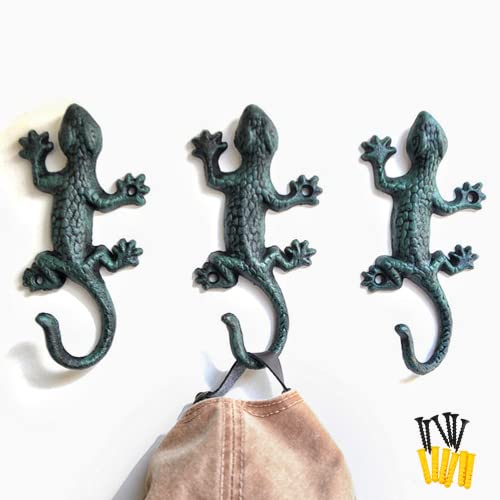 XIYUAN 3PCS Coat Hooks Hanging Wall Mounted Rustic Decorative Gecko Hook, Cast Iron 6 Inch Key Holder Wall Decor for Foyer Hallway Garage Garden & Office