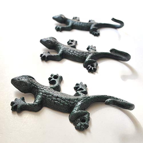 XIYUAN 3PCS Coat Hooks Hanging Wall Mounted Rustic Decorative Gecko Hook, Cast Iron 6 Inch Key Holder Wall Decor for Foyer Hallway Garage Garden & Office