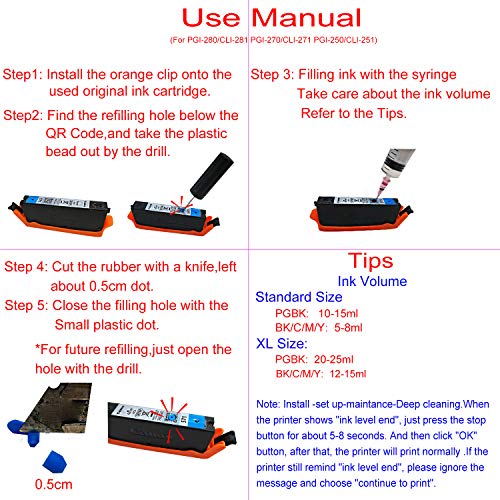 HEMAINK 5x100ml Bottles Ink and Ink Refill Tools Compatible for Canon PGI-280 CLI-281 PGI-280XXL CLI-281XXL for Pixma TS6220 TR8520 TS9520 TS6120 TR7520 TS9521C TS6320 TS702 Printer