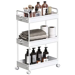 solejazz rolling storage cart, 3 tier utility cart mobile slide out organizer, bathroom standing rack shelving unit organizer for kitchen, bathroom, laundry room, white