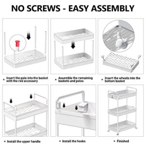 SOLEJAZZ Rolling Storage Cart, 3 Tier Utility Cart Mobile Slide Out Organizer, Bathroom Standing Rack Shelving Unit Organizer for Kitchen, Bathroom, Laundry Room, White