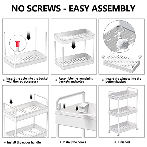 SOLEJAZZ Rolling Storage Cart, 3 Tier Utility Cart Mobile Slide Out Organizer, Bathroom Standing Rack Shelving Unit Organizer for Kitchen, Bathroom, Laundry Room, White