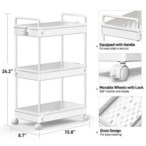 SOLEJAZZ Rolling Storage Cart, 3 Tier Utility Cart Mobile Slide Out Organizer, Bathroom Standing Rack Shelving Unit Organizer for Kitchen, Bathroom, Laundry Room, White