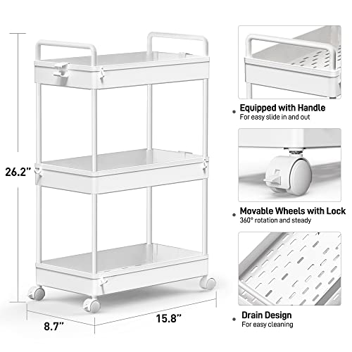 SOLEJAZZ Rolling Storage Cart, 3 Tier Utility Cart Mobile Slide Out Organizer, Bathroom Standing Rack Shelving Unit Organizer for Kitchen, Bathroom, Laundry Room, White