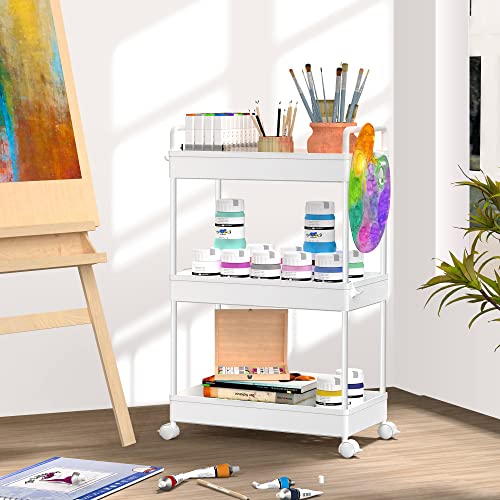 SOLEJAZZ Rolling Storage Cart, 3 Tier Utility Cart Mobile Slide Out Organizer, Bathroom Standing Rack Shelving Unit Organizer for Kitchen, Bathroom, Laundry Room, White