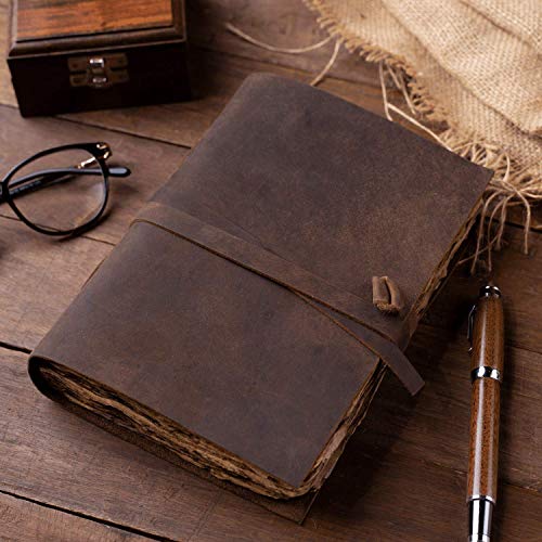 Vintage Leather Journal - Burnt Deckle Edge Vintage Paper - Handmade Leather Bound Journal - Book of Shadows Journal - Leather Sketchbook - Drawing Journal - 240 Pages (7.5" x 5.5")