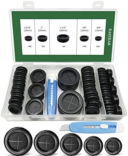 45 PCS Rubber Grommet Assortment Kit 1-1/2" 1" 7/8" 13/16" 5/8" Drill Hole, Double Sided Round Firewall Hole Plugs for Wiring, Automotive, Boat, Home Improvement Cord Pipe Wire Organization, Black