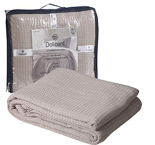 DOLLCENT 100% Soft Premium Combed Cotton Thermal Blanket– Queen Blanket– Soft Cozy Warm Cotton Blanket– Bed Throw Blanket– Queen Bed Blankets– All Season Cotton Blankets– Sand Queen Cotton Blankets